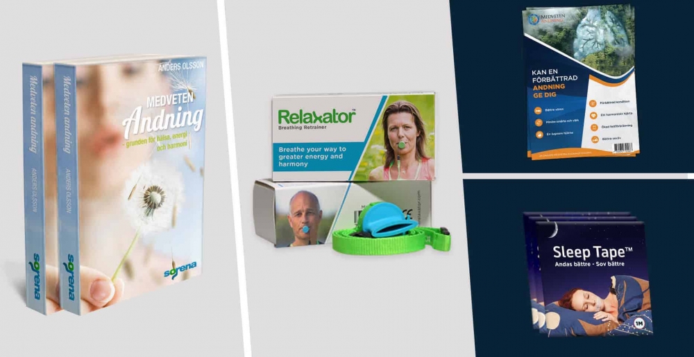 Pakke: Relaxator pustetrener, SleepTape 5mnd og bok Medveten andning ...